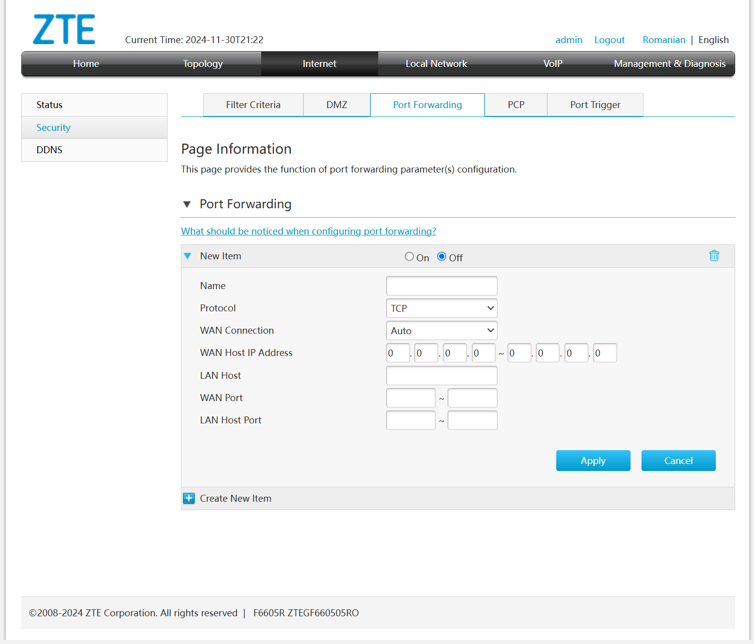Re: Activare Port Forwarding Router ZTE F6605R - Comunitatea Orange